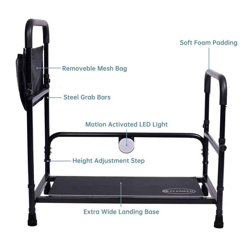 ELENKER Adjustable Height Safe Bed Step Stool Bed Assist Bar with ...
