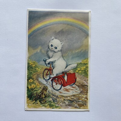 Splash In A Puddle White Cat On Tricycle,Frog,Postcard Anthropomorphic ...