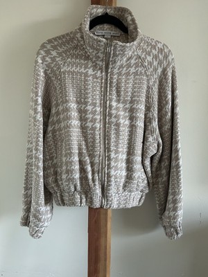 HYFVE Beige White Houndstooth Zip Short Jacket Pockets Women's L | eBay