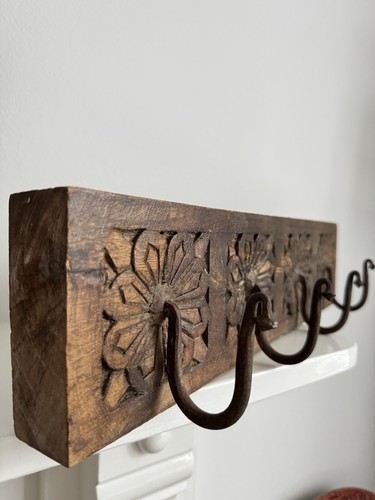 Vintage Rustic Carved Wood Wall Hook Rack with Floral Design | eBay UK