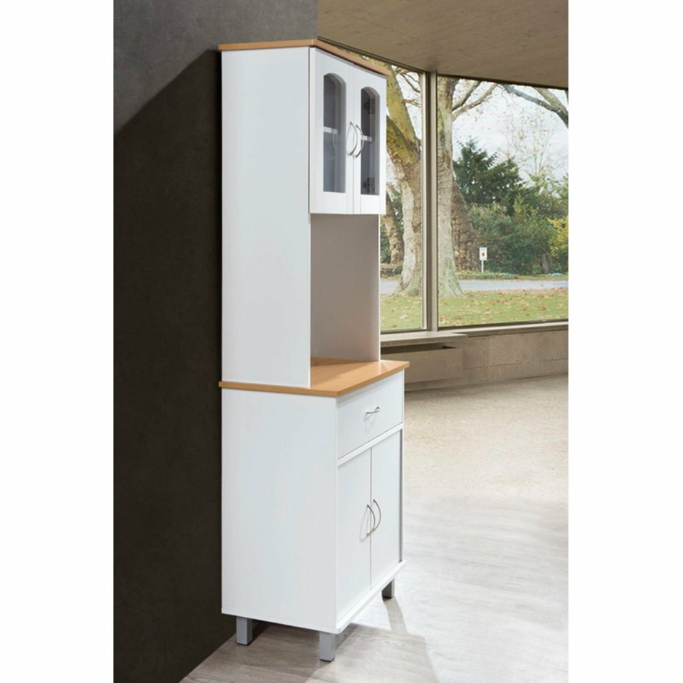White Tall Kitchen Microwave Stand Utility Cabinet Storage Shelves ...