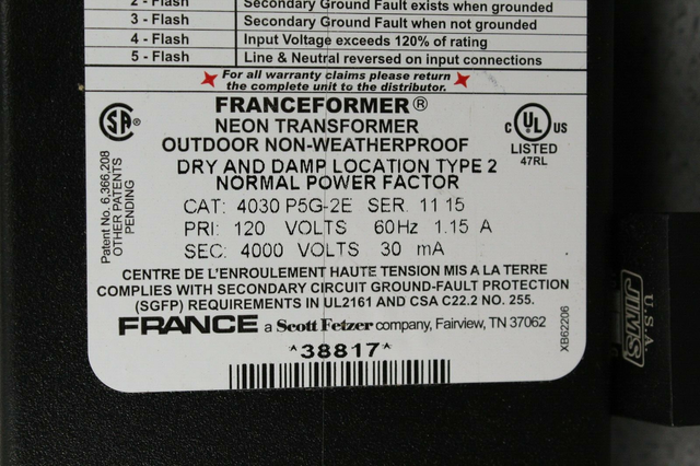 Franceformer 15030 P5G-2E Type2 15000v 30ma 120v Outdoor Neon ...