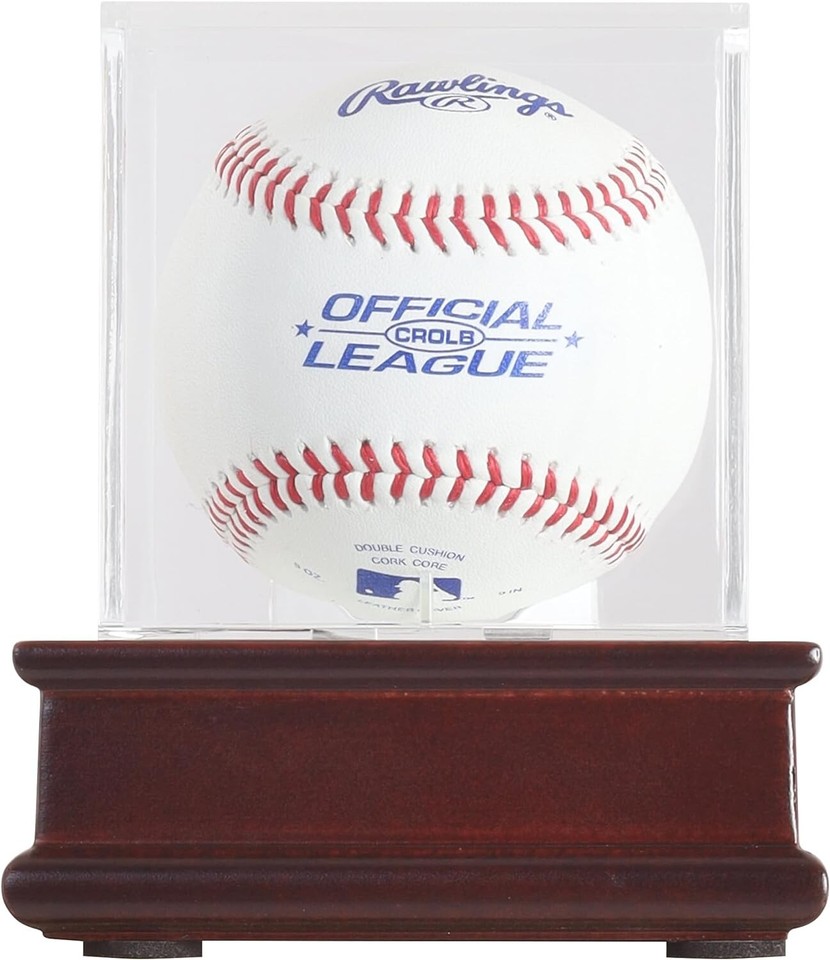 Baseball Holder Display Case Cube, Cherry Finish Wood Stand UV ...