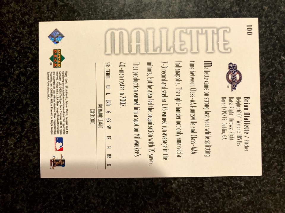 2002 SP Authentic Future Watch /1999 Brian Mallette #100 Rookie RC B17 ...