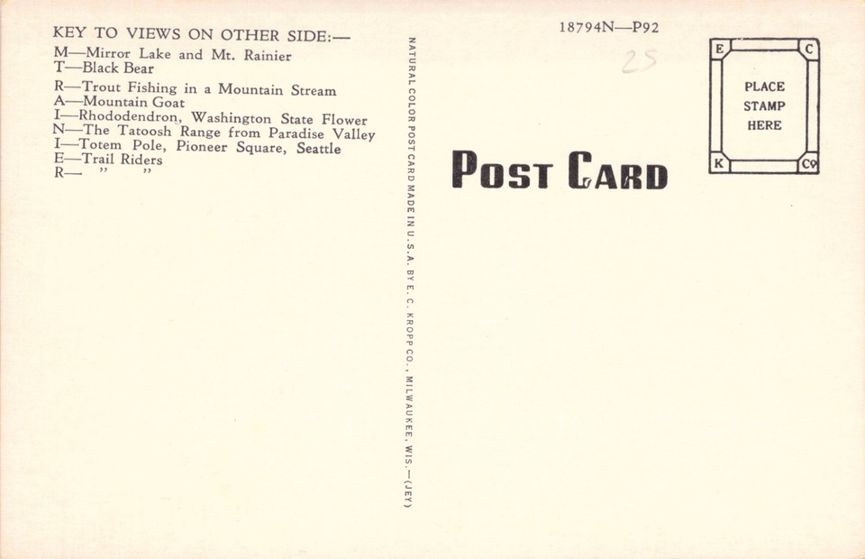 Greetings Mt Rainier State Park Washington Kropp Vtg Large Letter Linen ...