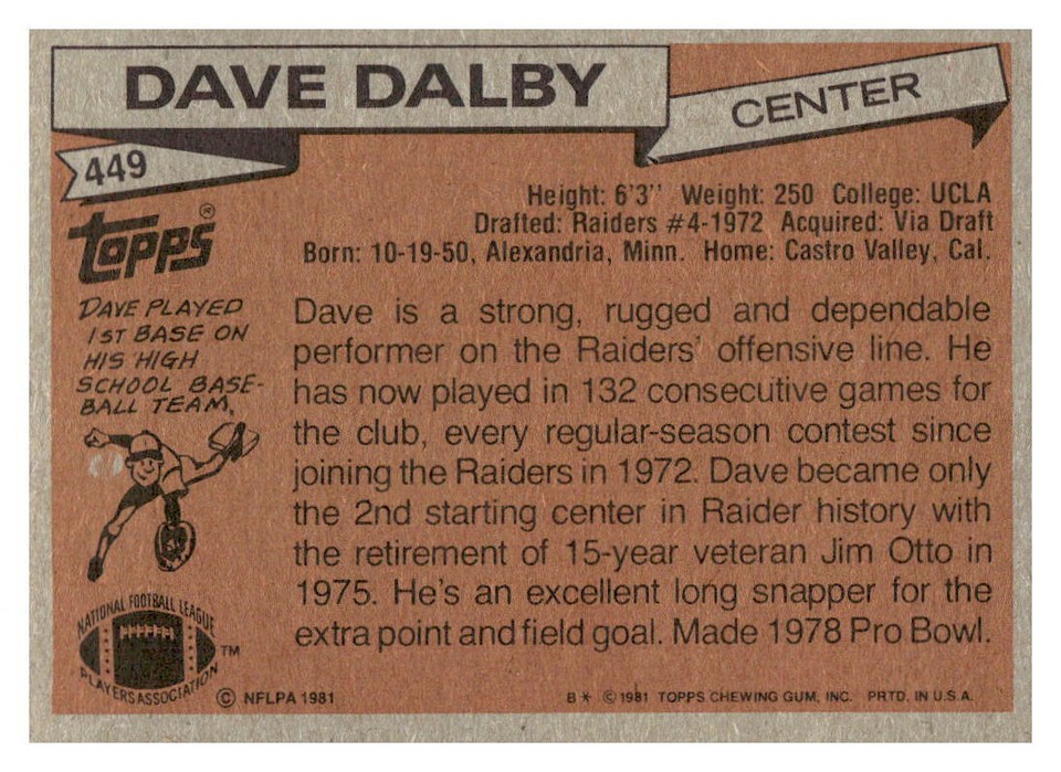 1981 Topps #449 Dave Dalby Oakland Raiders Football Card VG/EX | eBay