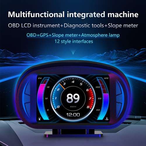 3.5" OBD2+GPS Car HUD Digital Speedometer Slope Meter Ambient Light ...