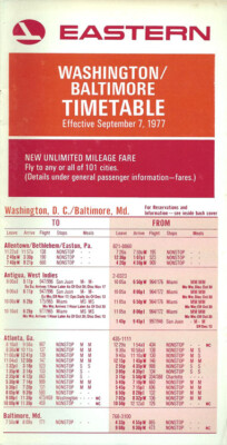 Eastern Airlines Washington/Baltimore timetable 9/7/77 [1023] Buy 4 ...