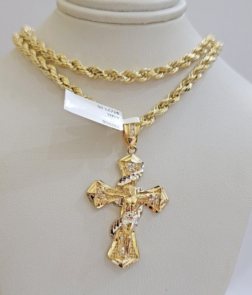 10k Gold Rope Chain Cross Charm Set Necklace 20"inch 5mm Jesus Pendant ...