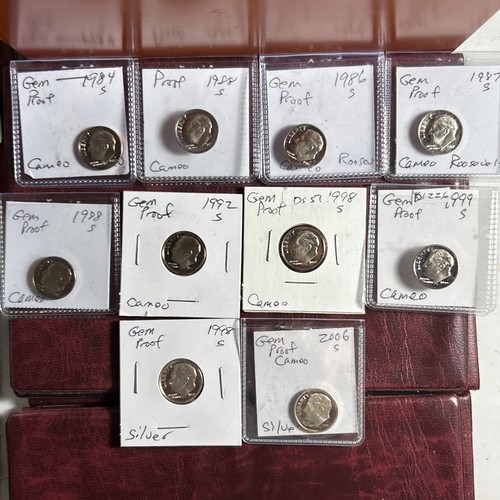 10 Different Proof Roosevelt Dimes Including Two 90% Silver Ones. As ...