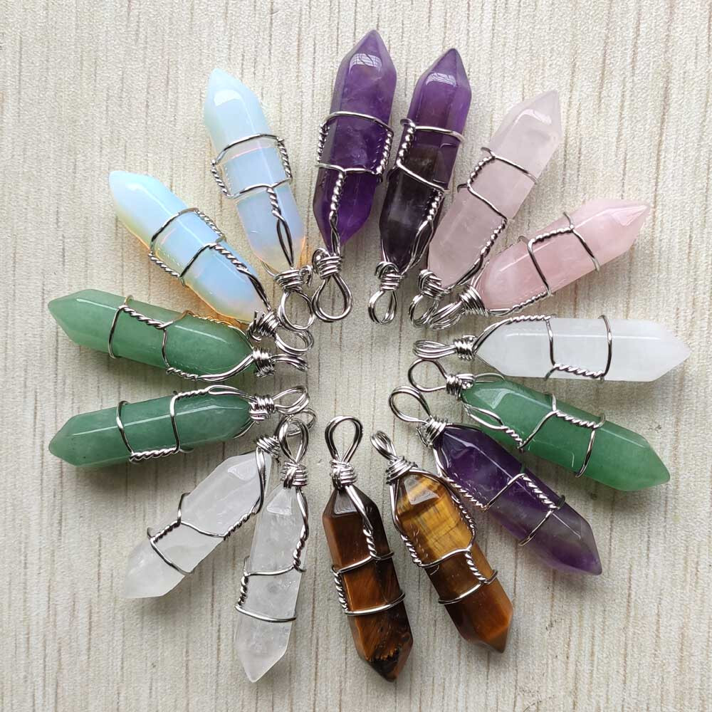 Mix natural stone silver color wrapped pillar charms pendants 20pcs ...