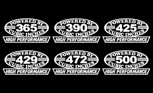 2 CADDY HP V8 ENGINE DECALS 365-390-425-429-472-500 CUBIC INCHES ...