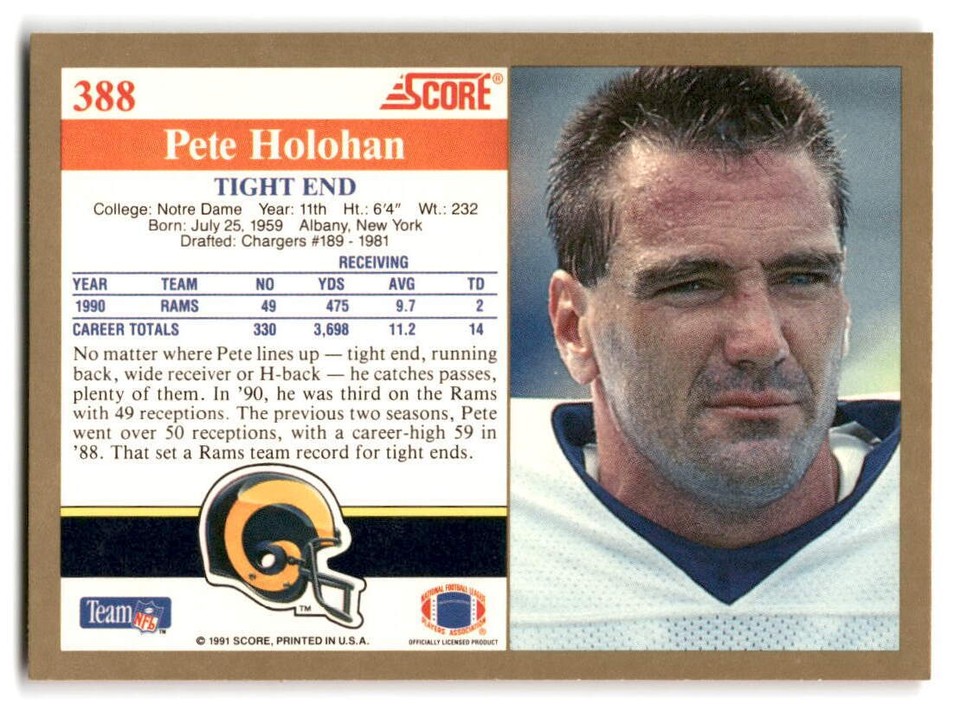 Pete Holohan 1991 Score #388 Los Angeles Rams FOOTBALL | eBay