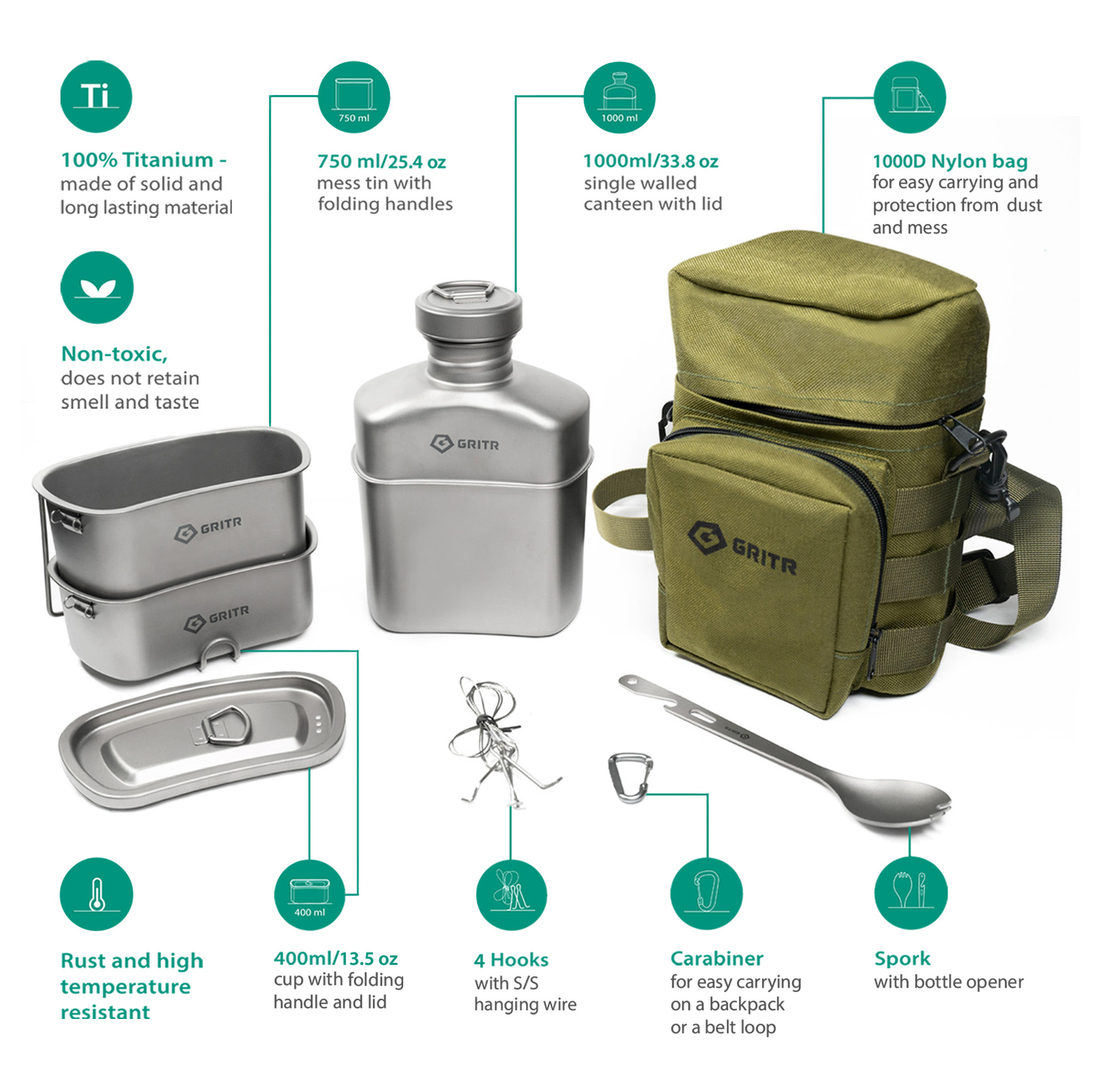 GRITR Titanium Canteen Mess Kit - Compact Portable Outdoor Camping ...