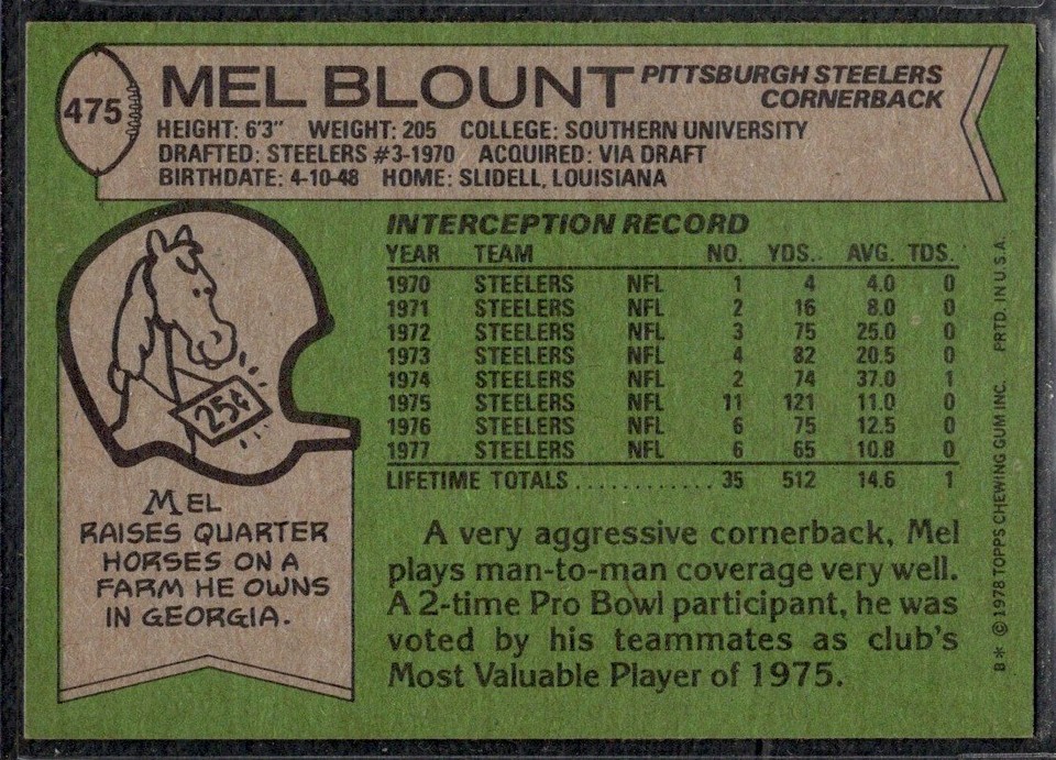 1978 Topps Football Card #475 Mel Blount HOF Pittsburgh Steelers NRMT ...