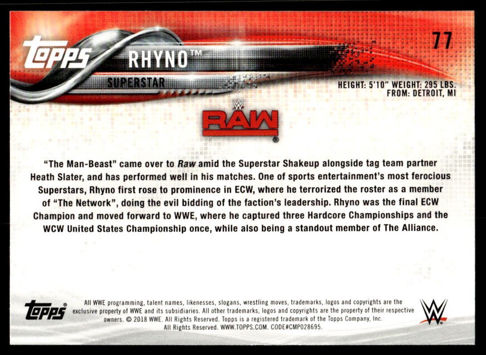 Rhyno 2018 Topps WWE #77 Wrestling Card | eBay