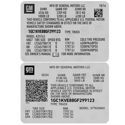 GMC CHEVY GM VIN STICKER ALL STYLES replacement driver door jamb id ...