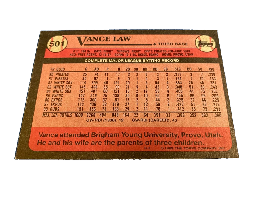 VANCE LAW 1989 TOPPS AUTO IP SIGNED CHICAGO CUBS OAKLAND PIRATES WHITE ...