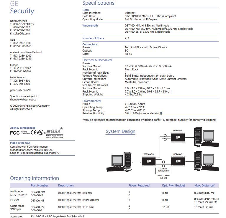 1x Interlogix DE7400-M Two Port Gigabit Ethernet Media Converter, MM ...