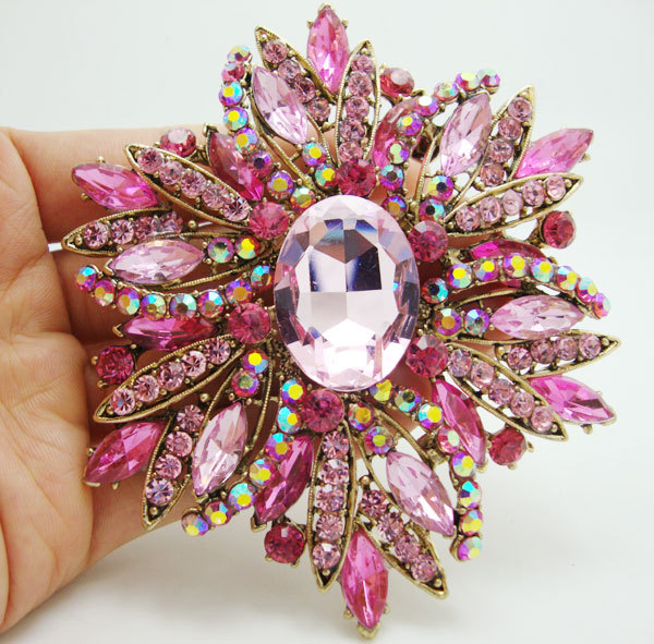 Fashion Pink Flower Gold-plated Large Brooch Pin Rhinestone Crystal ...
