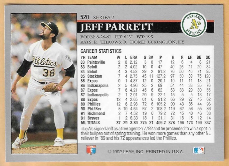 JEFF PARRETT OAKLAND ATHLETICS #520 no dot inc - LEAF NM-MT 1992 | eBay