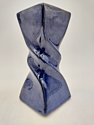 Dark Blue Mottled Rectangle Twist Clay Ceramic Pottery Vase New Old ...