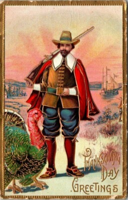 Thanksgiving Day Greetings Postcard Turkey, Pilgrim Holding Rifle Gun ...