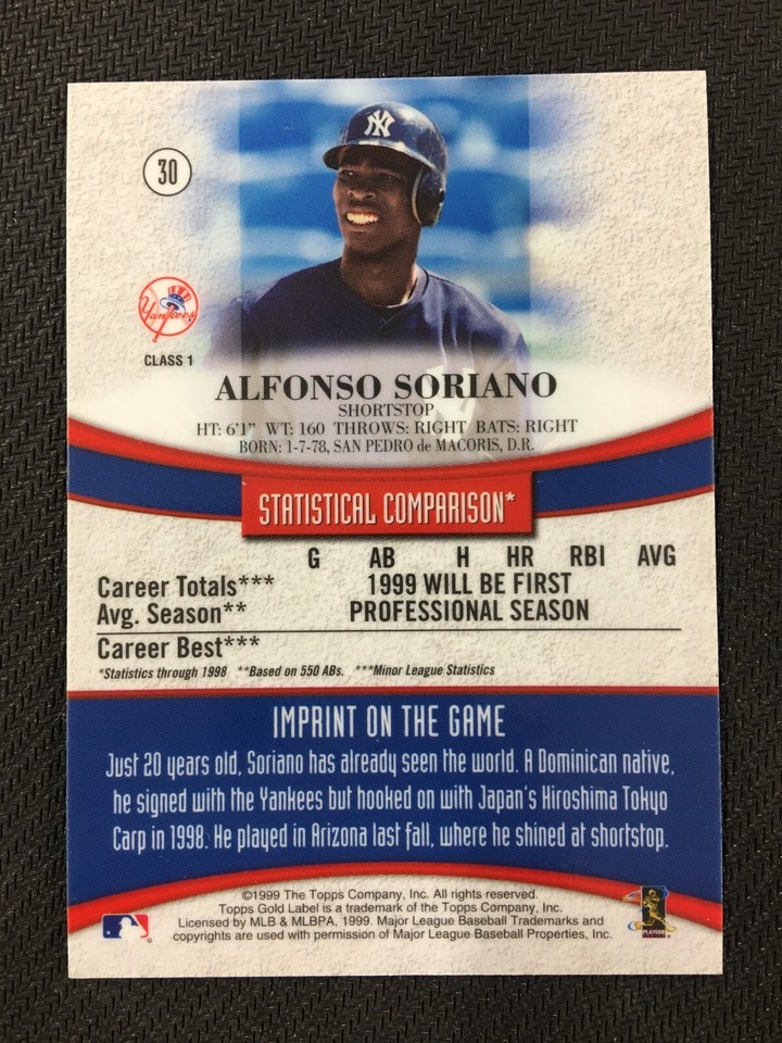 1999 Topps Gold Label Class 1 #30 Alfonso Soriano Rookie New York ...