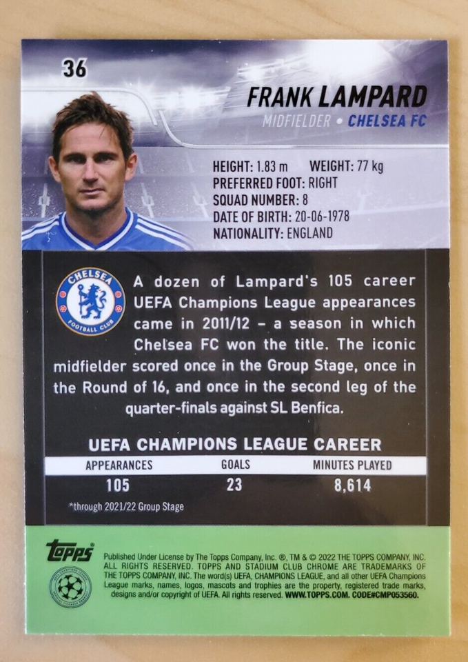 2022 Topps Stadium Club Chrome Frank Lampard Blue Prism #36 Chelsea | eBay