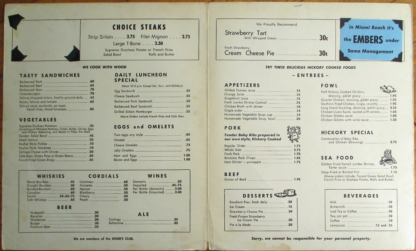 Hickory Barbecue BBQ 1940s Restaurant & Cocktail Bar Menu - Miami Beach ...