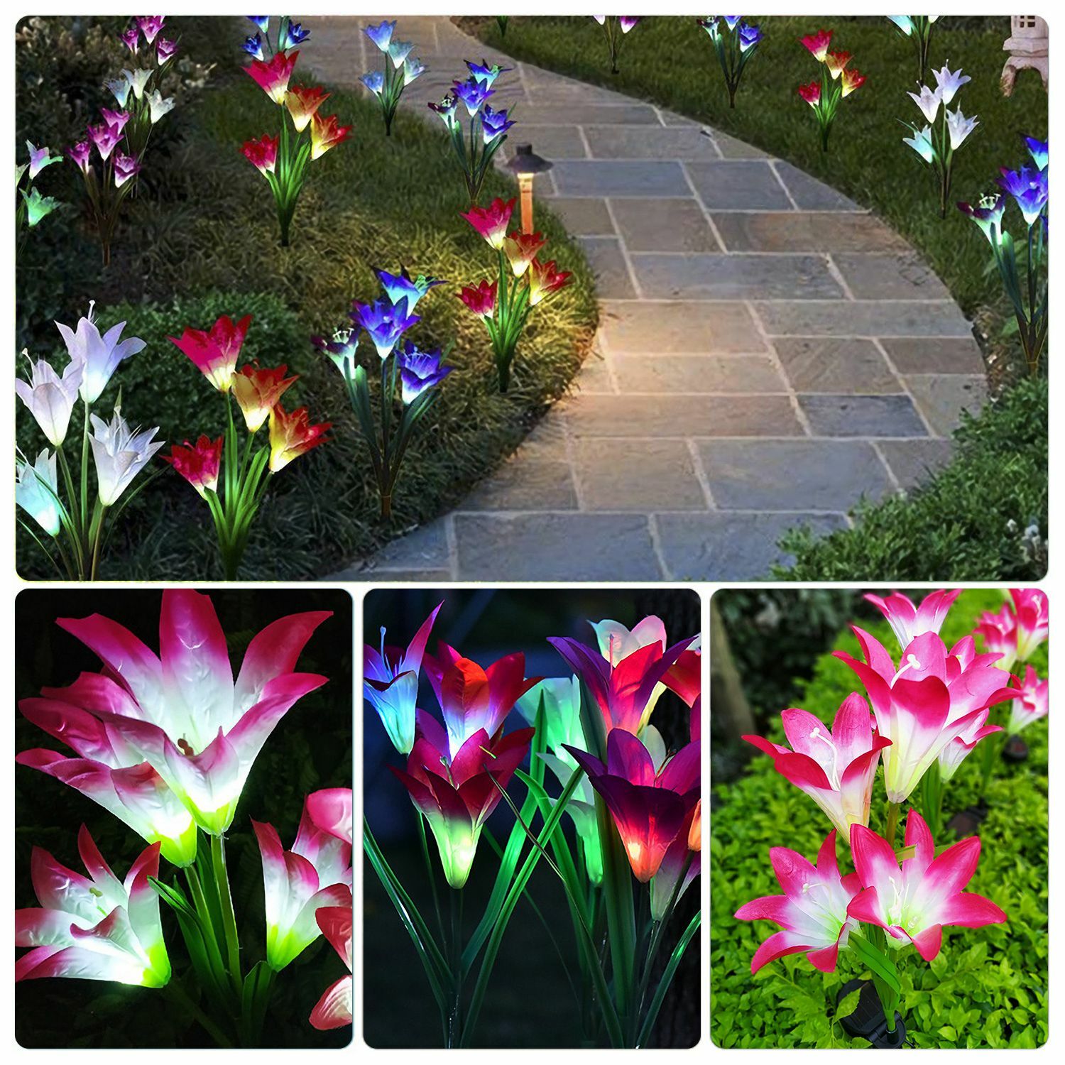 2PCS Solar Lily Flower Garden Lights LED Outdoor Pathway Yard Decor ...