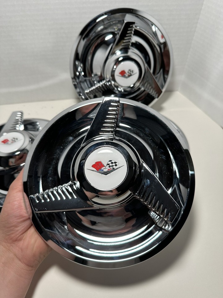 (4) 3 BAR FLUTED SPINNERS CENTER CAPS FOR CHEVY RALLY WHEELS 7",WHITE ...