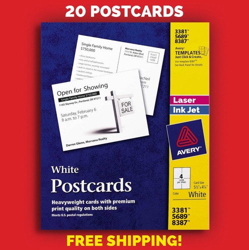 20 Avery 3381/5689/8387 White Postcards 4 1/4”x5 1/2”Meets US Postal ...
