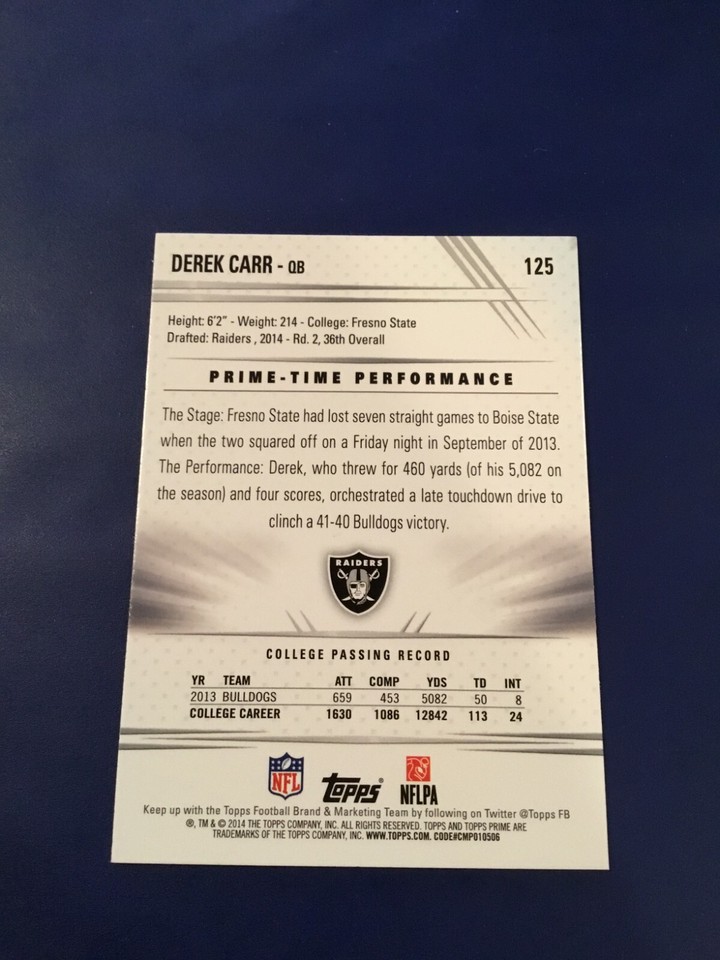2014 Topps Prime # 125 DEREK CARR Rookie Football Card Raiders Saints ...