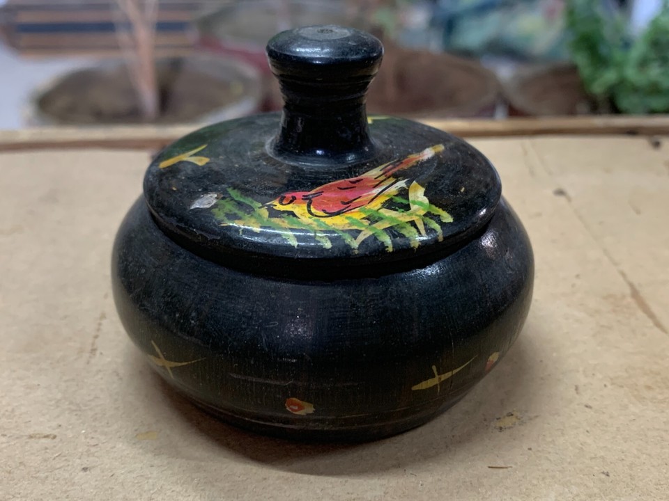 Vintage Wooden Hand Crafted Black Lacquer Trinket Box Indian Small ...