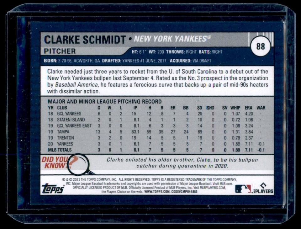 2021 Topps Big League Clarke Schmidt Rookie New York Yankees #88 1043 ...