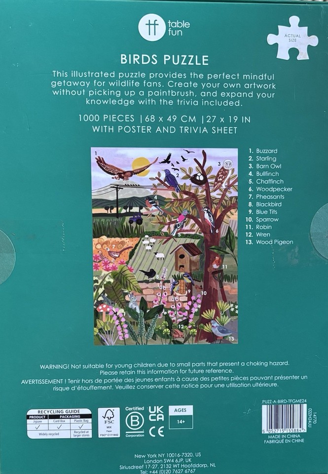 Table Fun BIRDS Jigsaw Puzzle 1000 Pieces Inc. 20 Trivia Questions ...