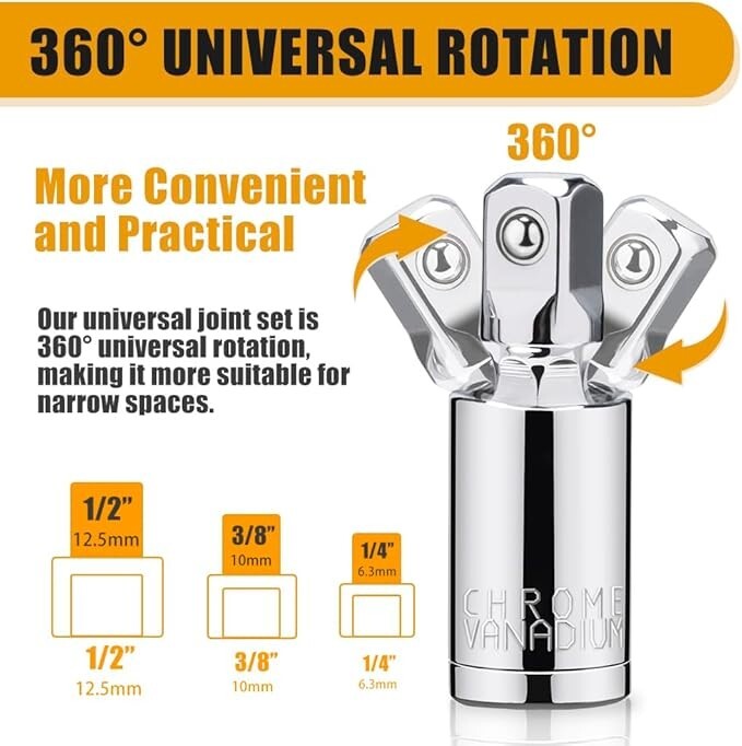 3PCS Impact Universal Joint Swivel Socket Adapter Set 1/4" 3/8” 1/2 ...