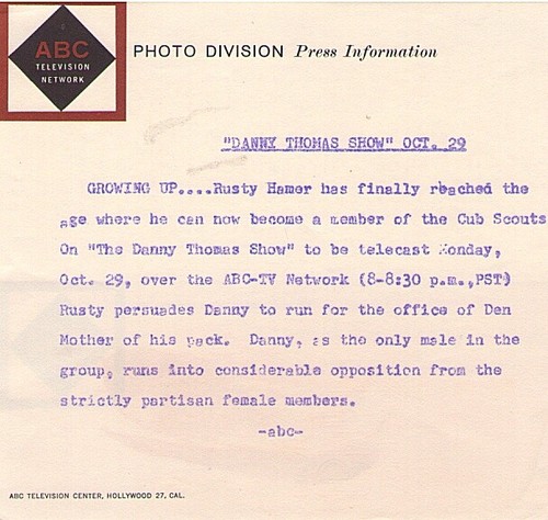 RUSTY HAMER vintage 7x9 tv press photo as cub scout THE DANNY THOMAS ...