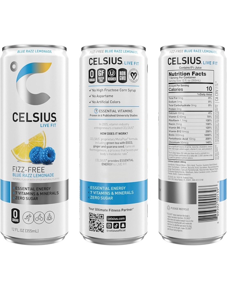 🟢New Celsius Live Fit Fizz Free Blue Lemonade Mineral Energy Drink 12fl ...