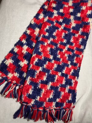 Hand Knit Hand Made Scarf Blue RED WHITE 50 X 9 FRINGE NEW | eBay