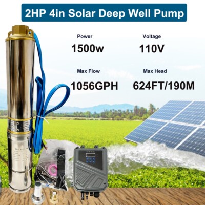4" 2HP 110V DC Solar Pump Submersible Pump Bore Deep Well Pump+MPPT ...