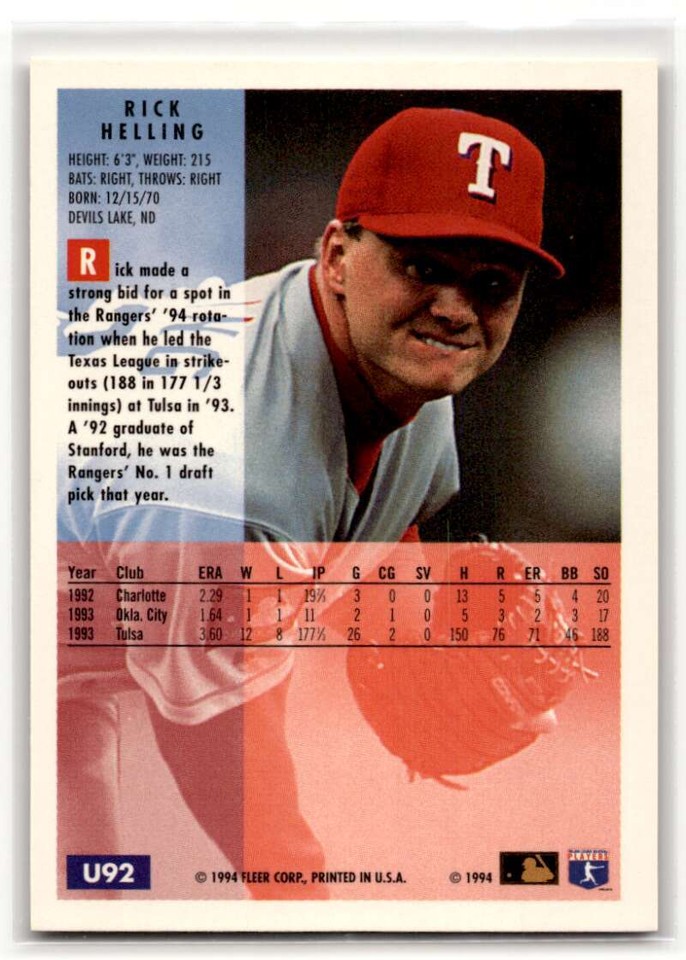 1994 Fleer Update #U92 Rick Helling Texas Rangers Baseball Cards ID ...