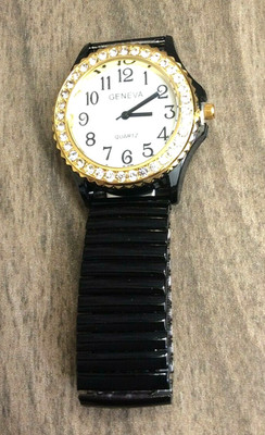 Geneva Crystal Gold Woman's Watch Round White Dial on Black Stretch ...