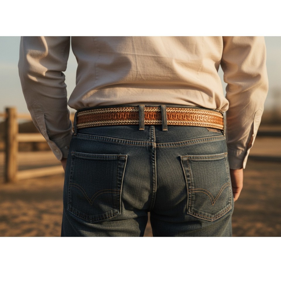 Western Cowboy Ranger Tooled‎ Tan Leather Belt Whip Stitch Serpentine ...