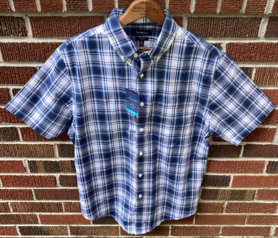NWT CROFT & BARROW MEN'S BLUE/WHITE PLAID SHORT SLEEVE COMFORT STRETCH ...