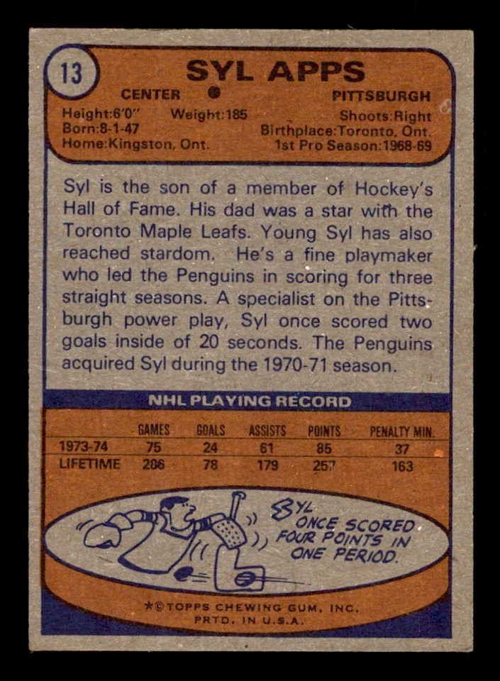 1974 Topps Hockey #13 Syl Apps EX/MT | eBay