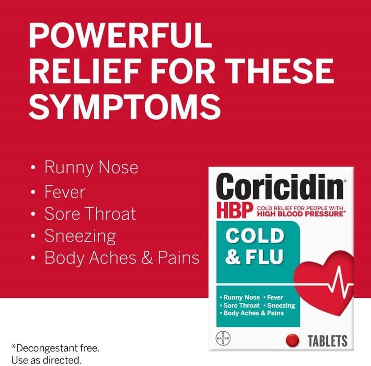 10 Tablets Coricidin HBP Cold & Flu Decongestant-Free Pain & Fever exp ...