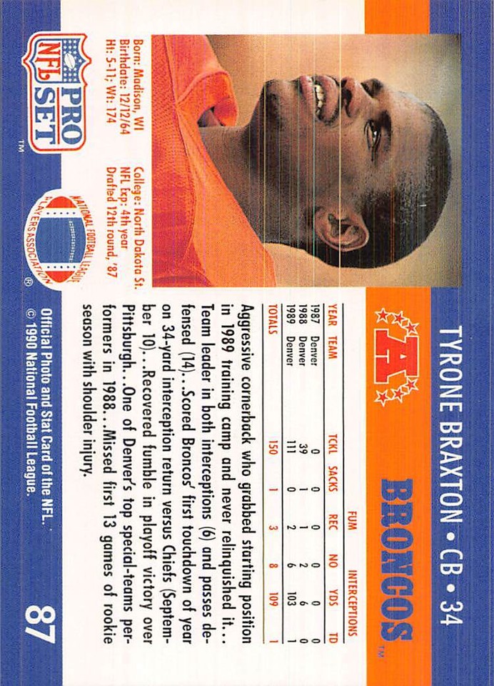 Tyrone Braxton 1990 Pro Set 87 Denver Broncos Football Card | eBay