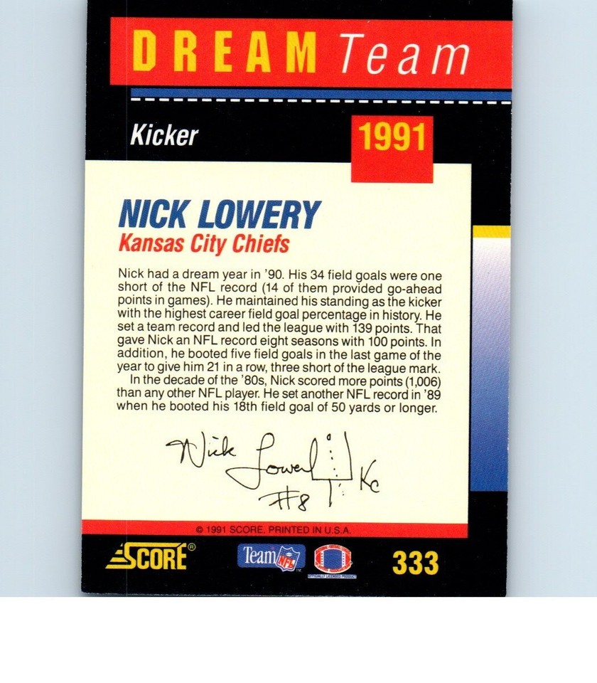 1991 Chiefs Nick Lowery 333 Dream Team Score Football Trading Card | eBay